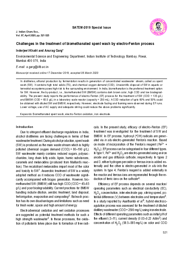 (PDF) Challenges in the treatment of biomethanated spent wash by ...