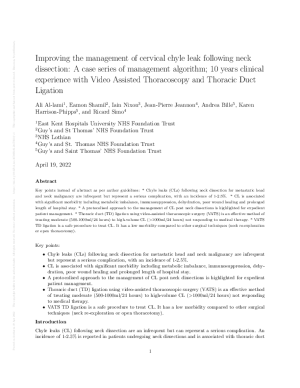 (PDF) Improving the management of cervical chyle leak following neck ...