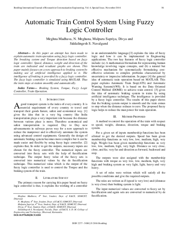 (PDF) Automatic Train Control System Using Fuzzy Logic Controller
