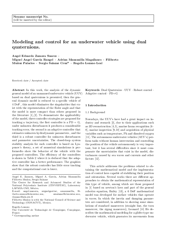 (PDF) Modeling and Control for an Underwater Vehicle using Dual Quaternions