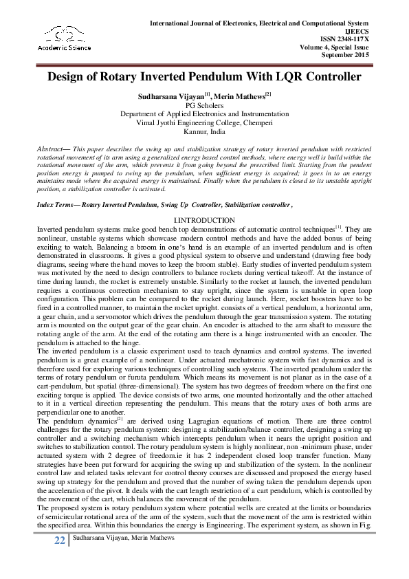 (PDF) Design of Rotary Inverted Pendulum With LQR Controller