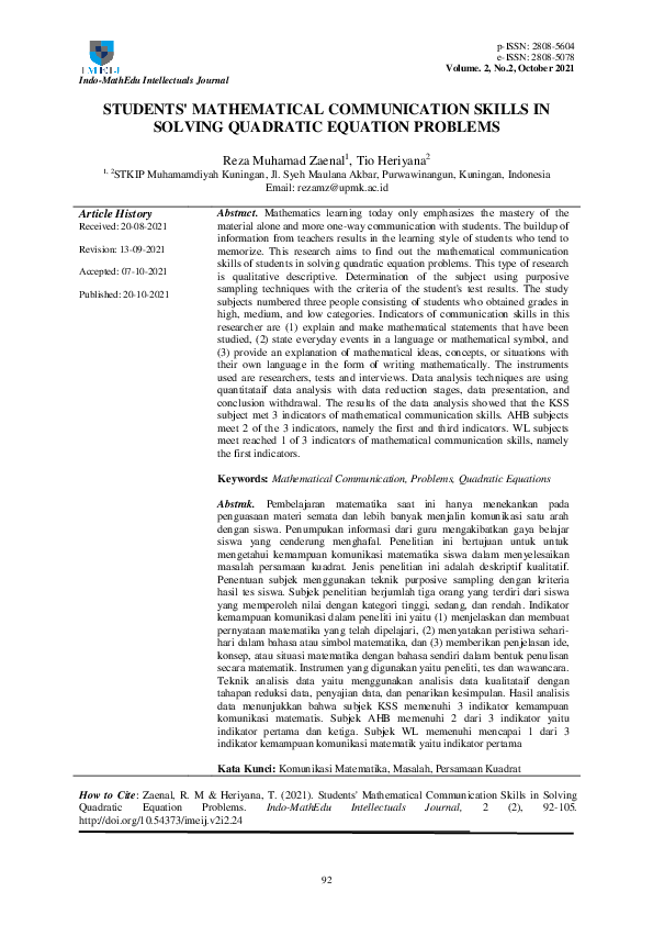 (PDF) Students' Mathematical Communication Skills in Solving Quadratic Equation Problems