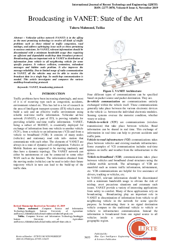 (PDF) Broadcasting in VANET: State of the Art