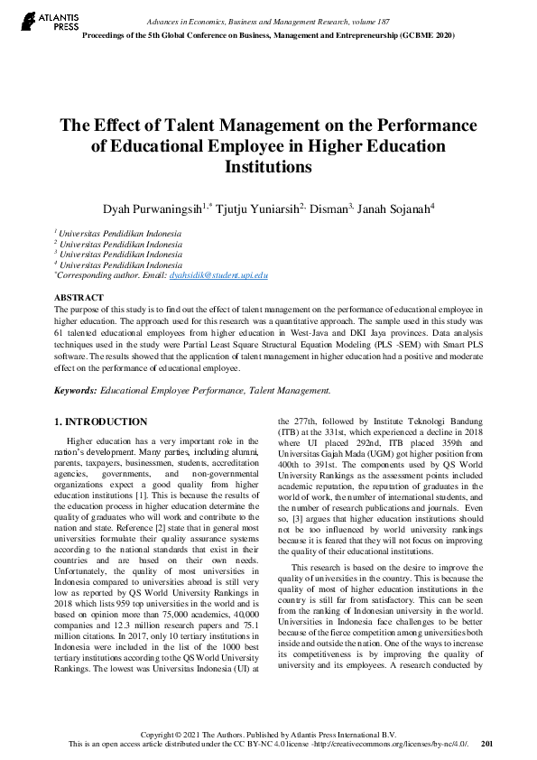 (PDF) The Effect of Talent Management on the Performance of Educational Employee in Higher ...