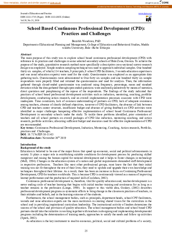 (PDF) School Based Continuous Professional Development (CPD): Practices and Challenges