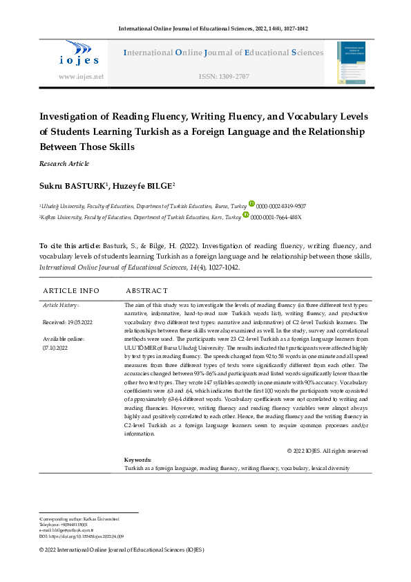 (PDF) Investigation of Reading Fluency, Writing Fluency, and Vocabulary Levels of Students ...