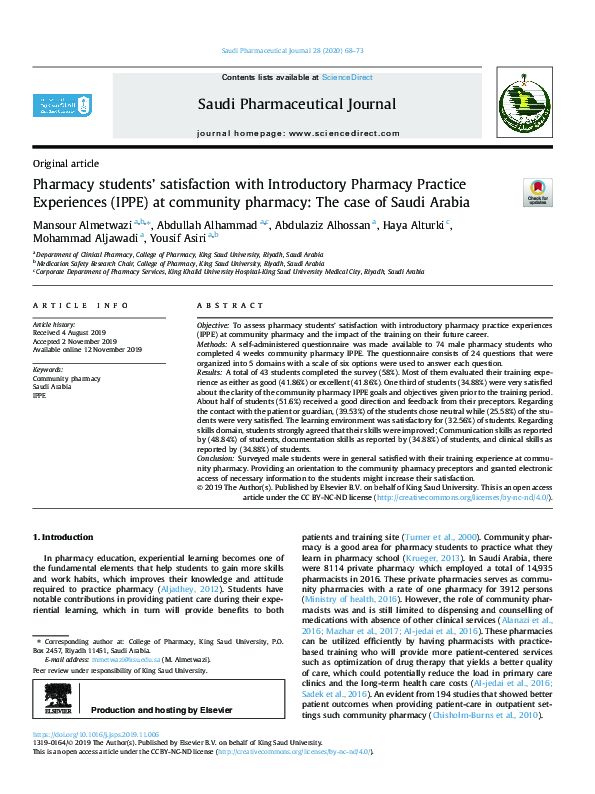 (PDF) Pharmacy Students’ Satisfaction with Introductory Pharmacy ...