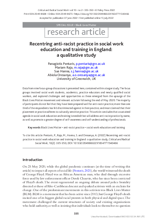 (PDF) Recentring anti-racist practice in social work education and ...