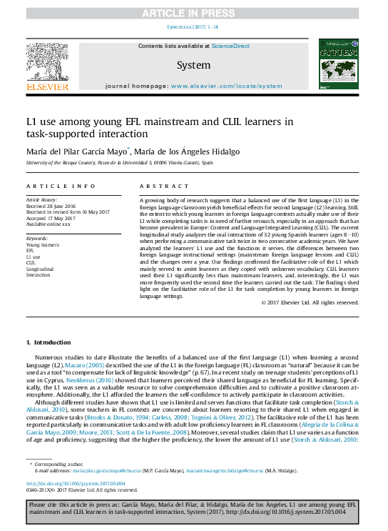 (PDF) L1 Use in EFL: CLIL vs Mainstream Learners