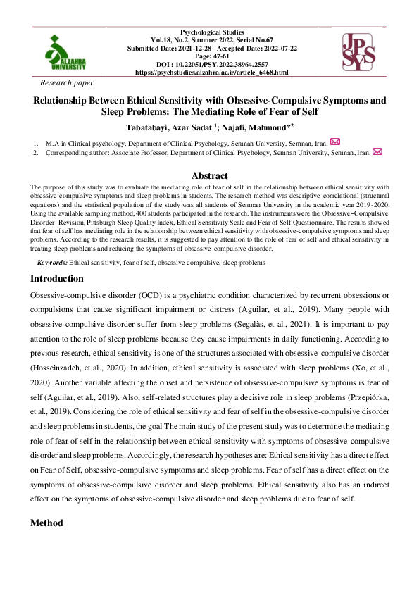 (PDF) Relationship Between Ethical Sensitivity with Obsessive-Compulsive Symptoms and Sleep ...