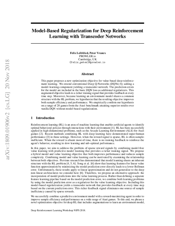 Pdf Model Based Regularization For Deep Reinforcement Learning With Transcoder Networks
