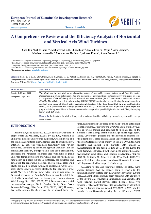 (PDF) A Comprehensive Review and the Efficiency Analysis of Horizontal and Vertical Axis Wind ...