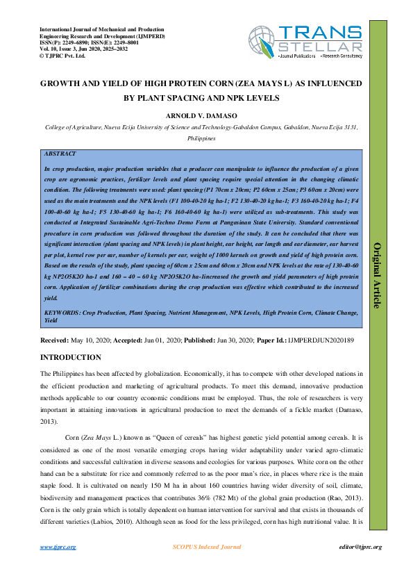 (PDF) Growth and Yield of High Protein Corn (Zea Mays L.) as Influenced ...