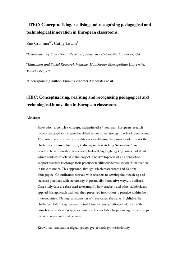 (PDF) iTEC: conceptualising, realising and recognising pedagogical and technological innovation ...