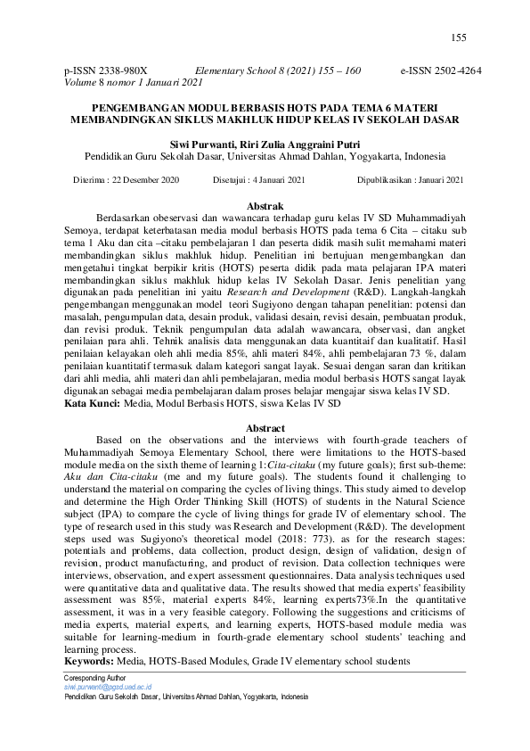 (PDF) Pengembangan Modul Berbasis Hots Pada Tema 6 Materi Membandingkan Siklus Makhluk Hidup ...