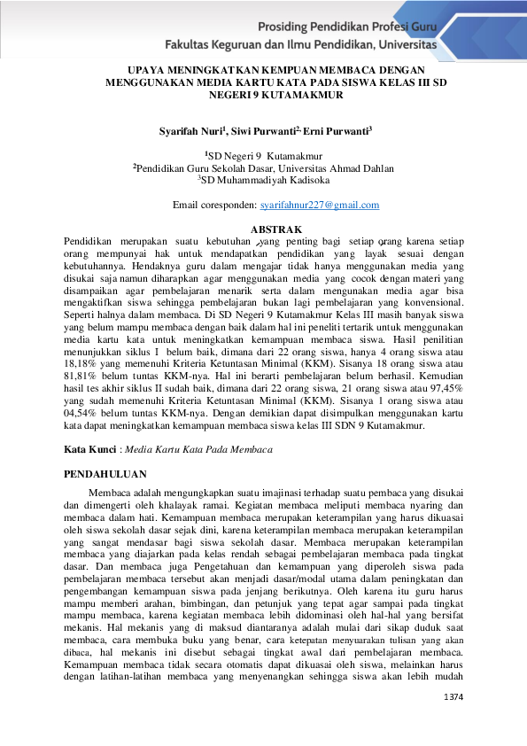 (PDF) Upaya Meningkatkan Kempuan Membaca Dengan Menggunakan Media Kartu Kata Pada Siswa Kelas ...
