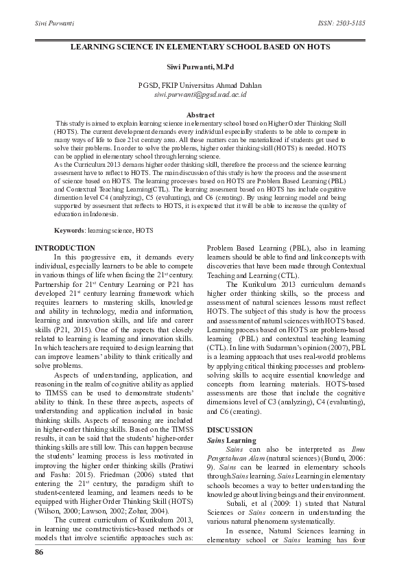 (PDF) Learning Science in Elementary School Based on Hots