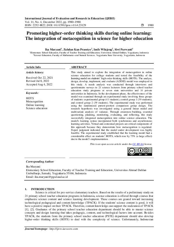 (PDF) Promoting higher-order thinking skills during online learning: The integration of ...