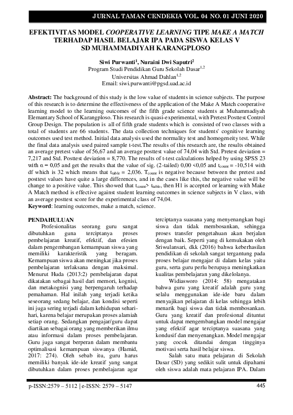 (PDF) Efektivitas Model Cooperative Learning Tipe Make a Match Terhadap ...