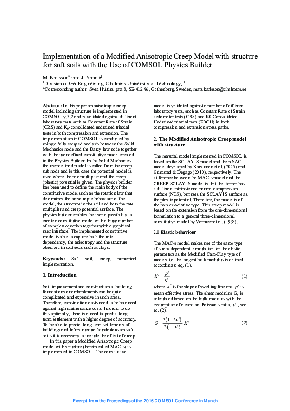 (PDF) Implementation of a Modified Anisotropic Creep Model with structure for soft soils with ...