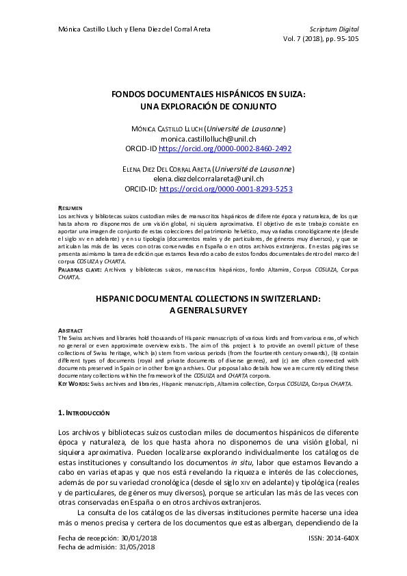(PDF) Fondos documentales hispánicos en Suiza: una exploración de conjunto