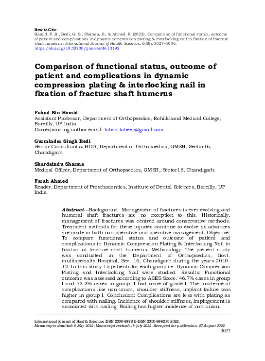 (PDF) Comparison of functional status, outcome of patient and complications in dynamic ...