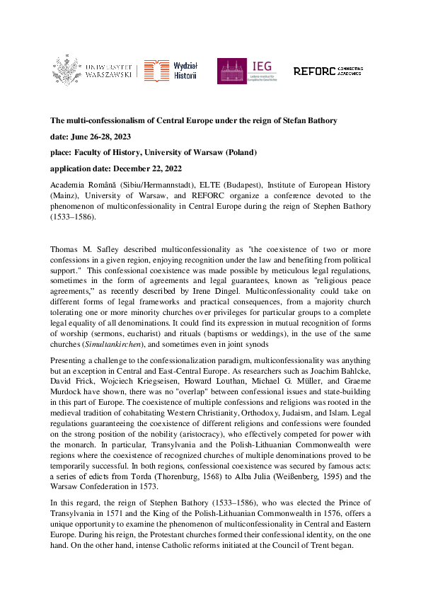 (PDF) [CfP] The multi-confessionalism of Central Europe under the reign ...