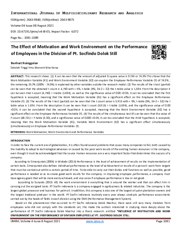 (PDF) The Effect of Motivation and Work Environment on The Performance of Employees In The ...
