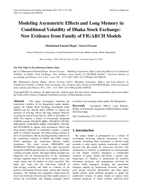 (PDF) Modeling Asymmetric Effects and Long Memory in Conditional Volatility of Dhaka Stock ...
