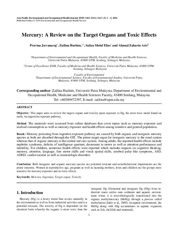 (PDF) Mercury: A Review on the Target Organs and Toxic Effects
