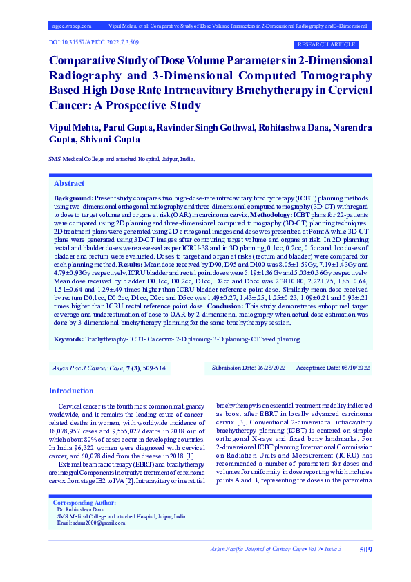 (PDF) Comparative Study of Dose Volume Parameters in 2-Dimensional Radiography and 3-Dimensional ...