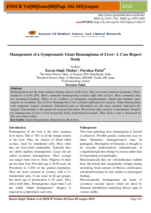 (PDF) Management of a Symptomatic Giant Hemangioma of Liver- A Case ...