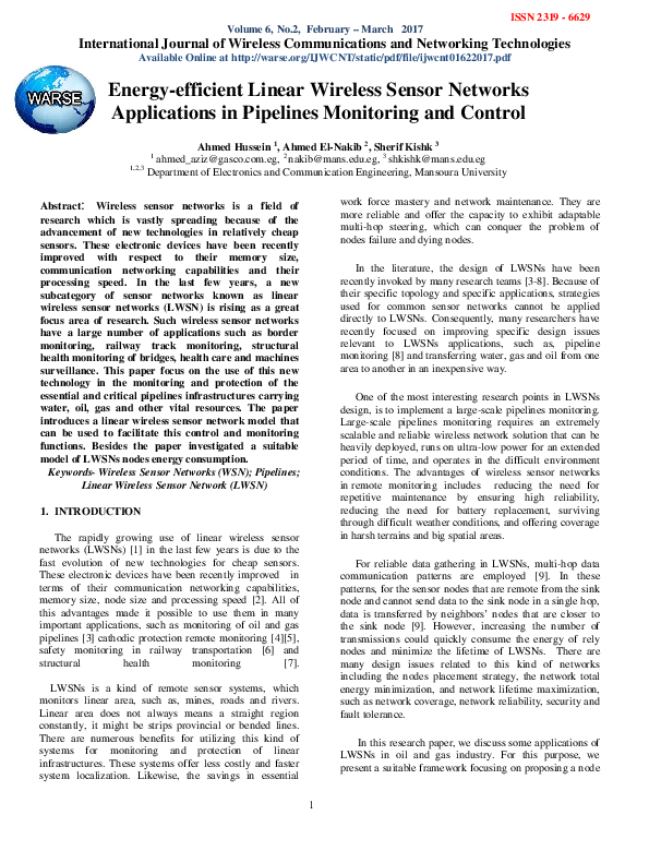 (PDF) Energy-efficient Linear Wireless Sensor Networks Applications in Pipelines Monitoring and ...