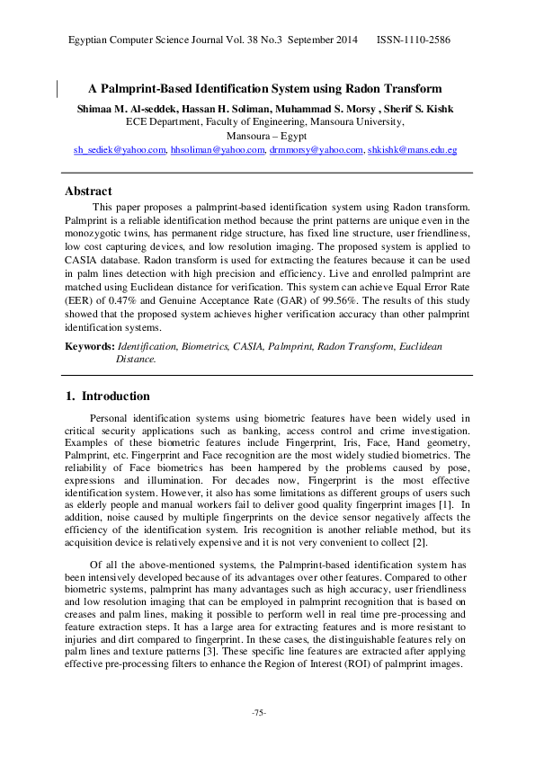 Pdf A Palmprint Based Identification System Using Radon Transform