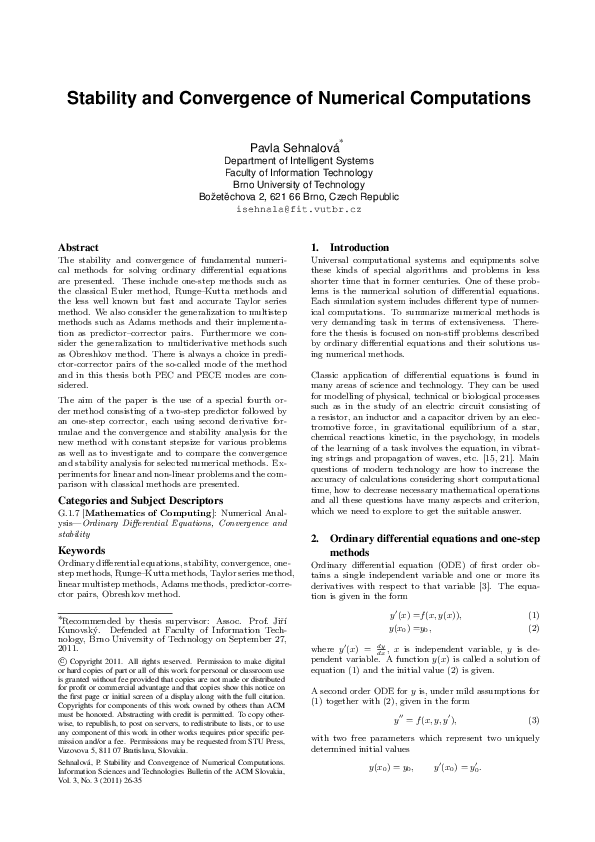 (PDF) Stability and Convergence of Numerical Computations Pavla Sehnalová