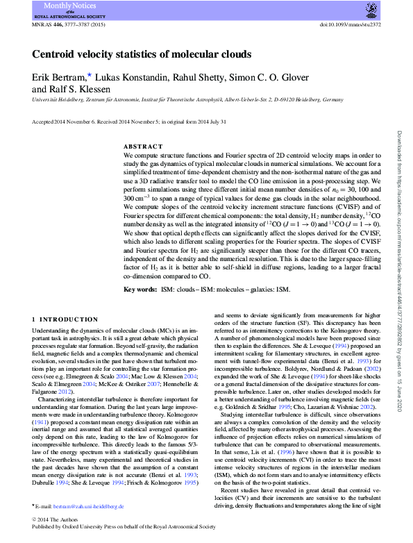 (PDF) Centroid velocity statistics of molecular clouds