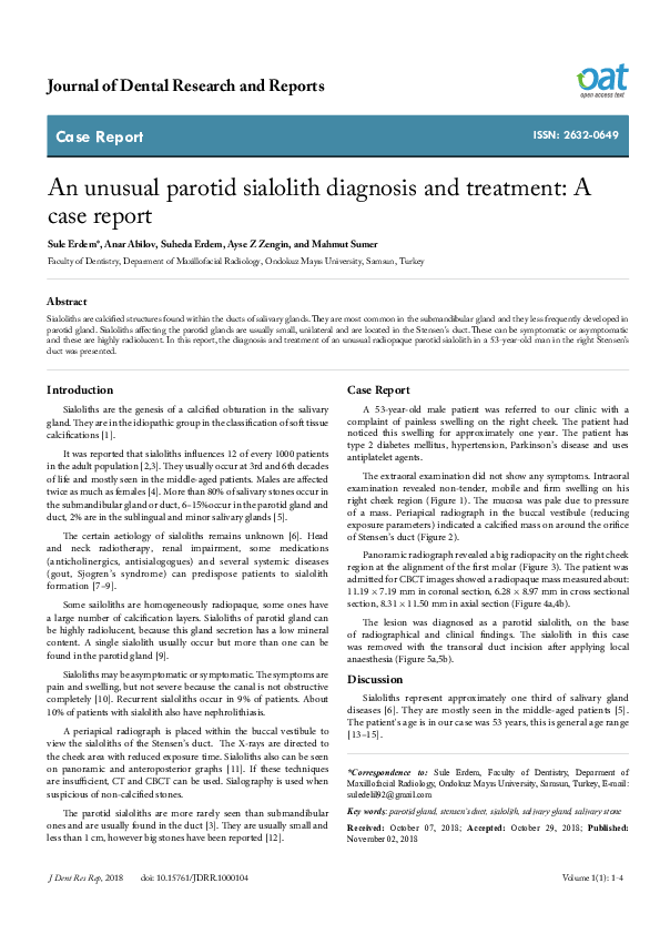 (PDF) An unusual parotid sialolith diagnosis and treatment: A case report