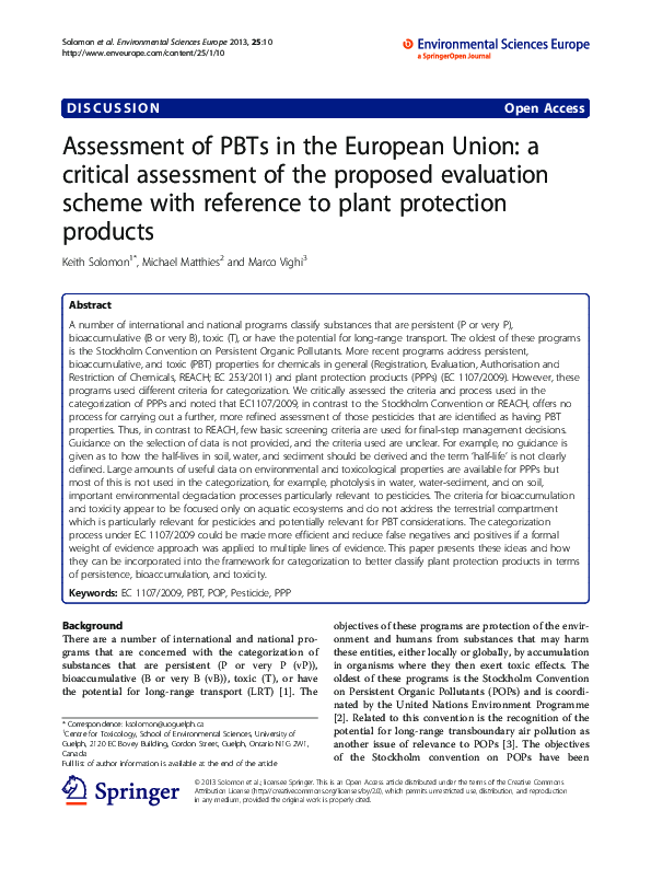 (PDF) Assessment of PBTs in the European Union: a critical assessment ...