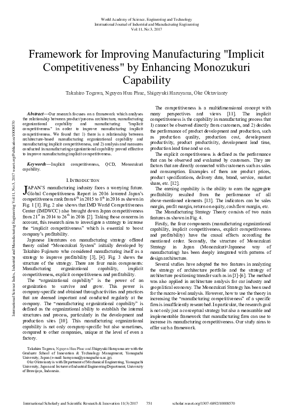 (PDF) Framework For Improving Manufacturing "Implicit Competitiveness" By Enhancing Monozukuri ...