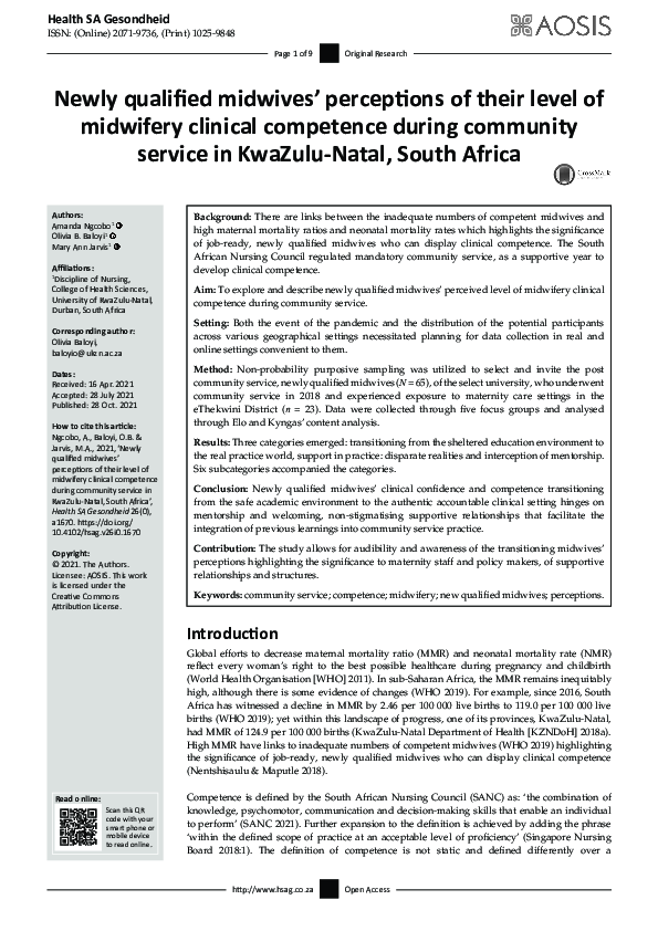 (PDF) Newly qualified midwives’ perceptions of their level of midwifery clinical competence ...