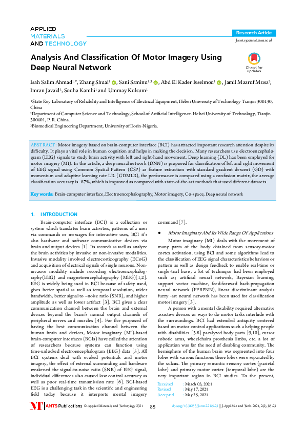 (PDF) Analysis and Classification of Motor Imagery Using Deep Neural Network