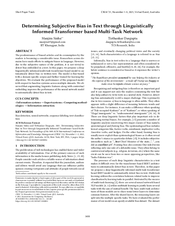 Pdf Determining Subjective Bias In Text Through Linguistically Informed Transformer Based