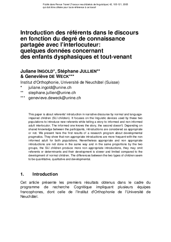 (PDF) Introduction des référents dans le discours en fonction du degré ...