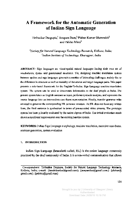 (PDF) A Framework for the Automatic Generation of Indian Sign Language