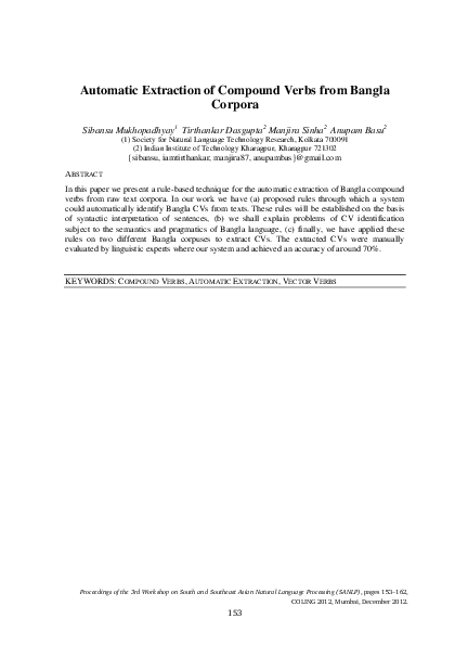(PDF) Automatic Extraction of Compound Verbs from Bangla Corpora