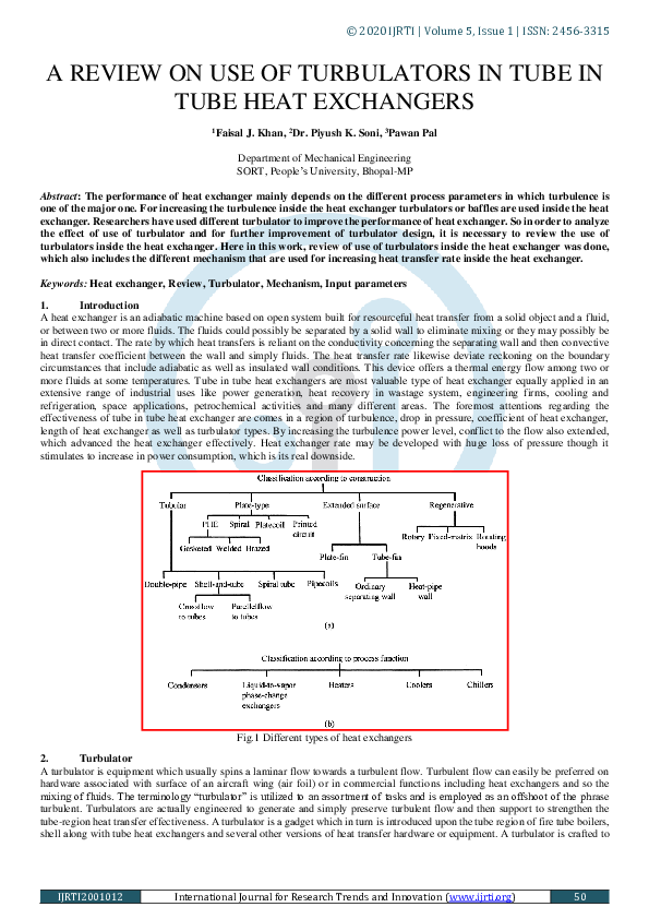 (PDF) A Review on Use of Turbulators in Tube in Tube Heat Exchangers