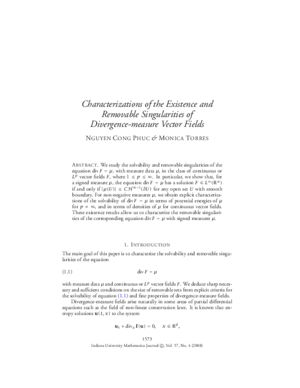 Pdf Characterizations Of The Existence And Removable Singularities Of Divergence Measure
