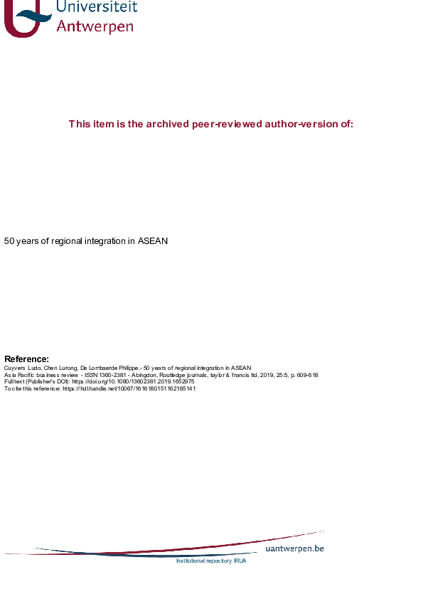 (PDF) 50 years of regional integration in ASEAN