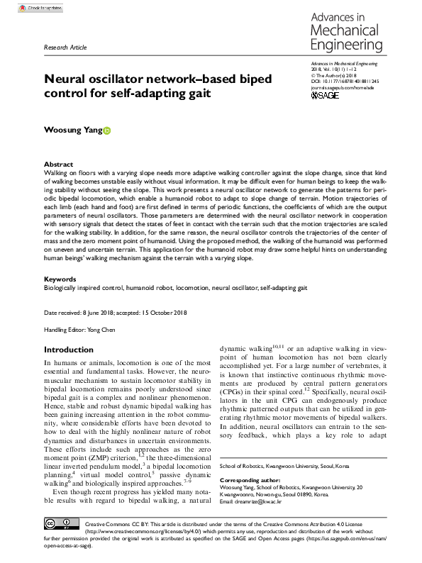(PDF) Neural oscillator network–based biped control for self-adapting gait