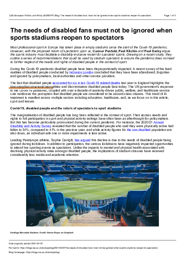 (PDF) The needs of disabled fans must not be ignored when sports ...